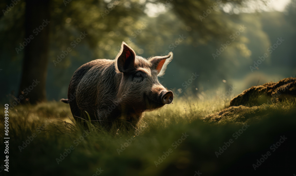 Majestic Hampshire pig surrounded by rolling green hills & grazing on ...