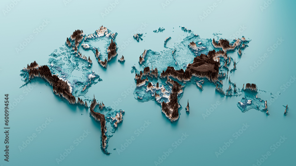 3d World Map Topographic World Map Isolated On Sky Blue Background, 3d ...