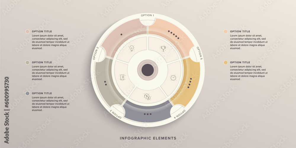 Business process chart infographics with 5 step circles. Round workflow ...