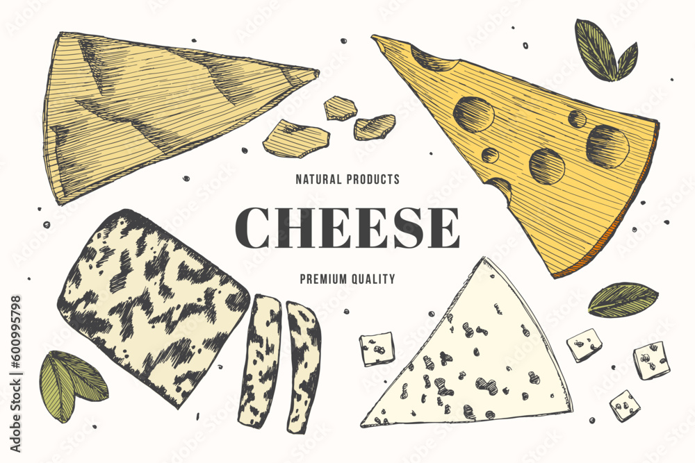 Set of hand-drawn cheeses. Mozzarella, Maasdam, Dutch cheese, Cheddar ...