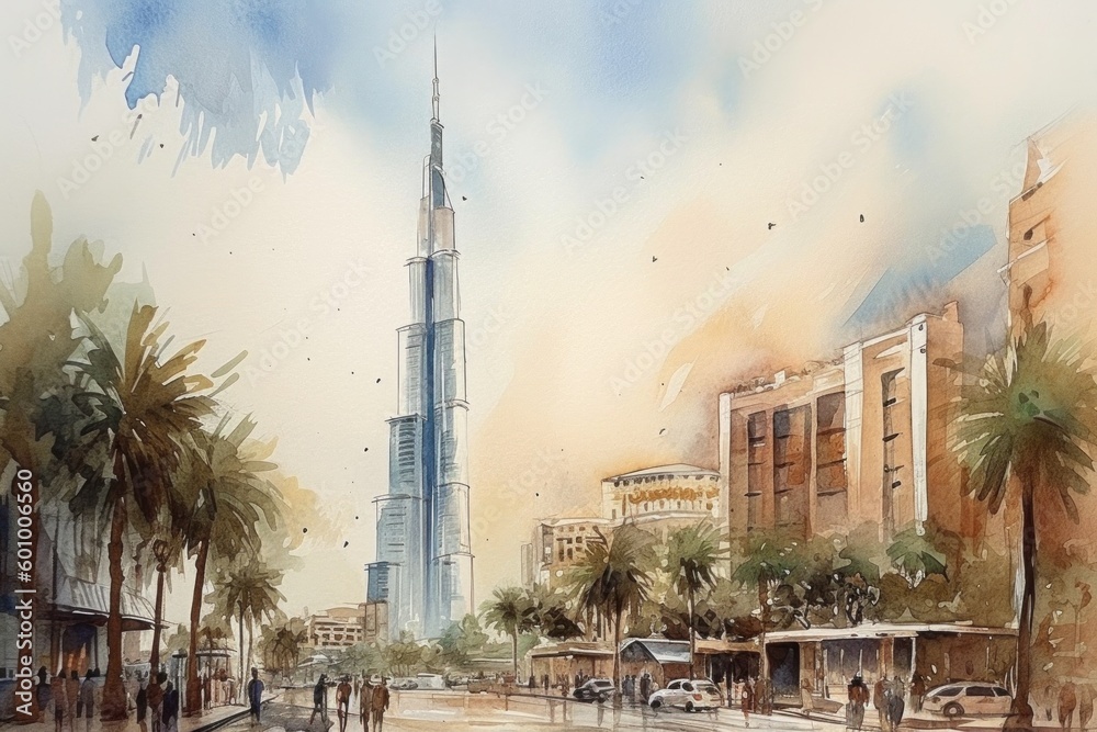 Watercolor painting of the Burj Khalifa in Dubai Emirates UAE Stock ...