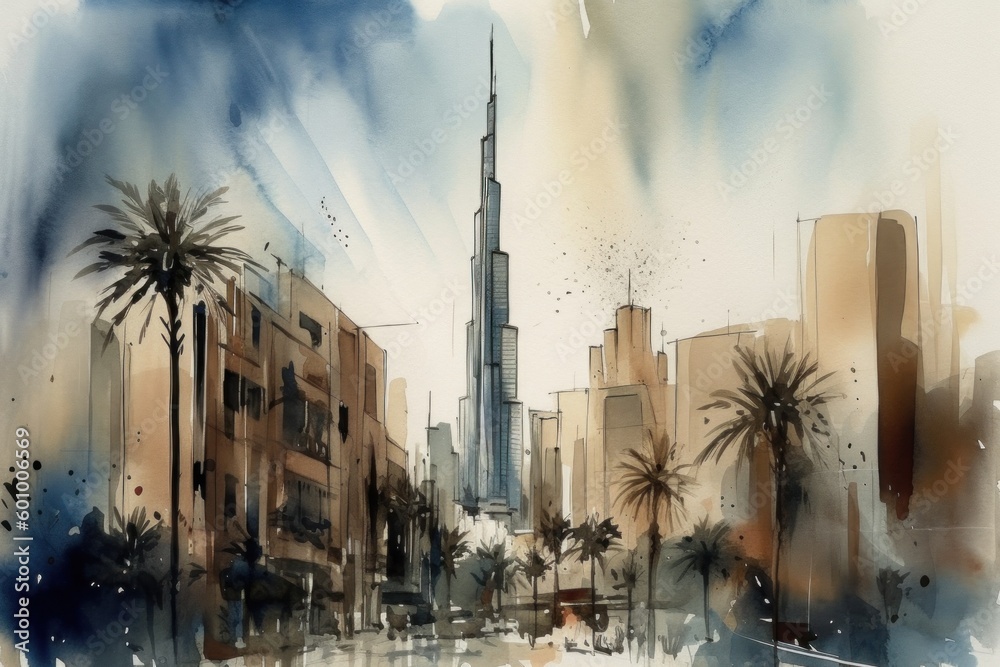 Watercolor painting of the Burj Khalifa in Dubai Emirates UAE Stock ...