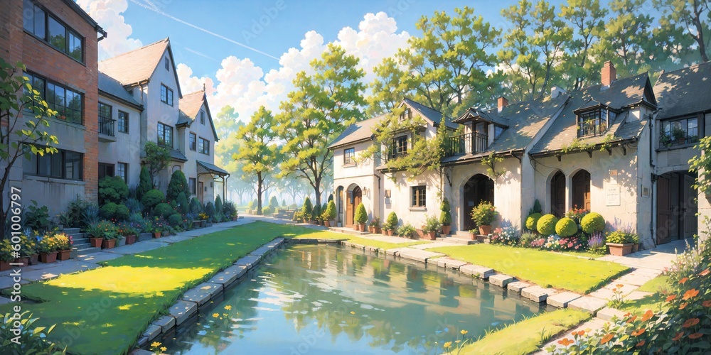 anime style background, landscape, park, lake, river, garden, backyard ...