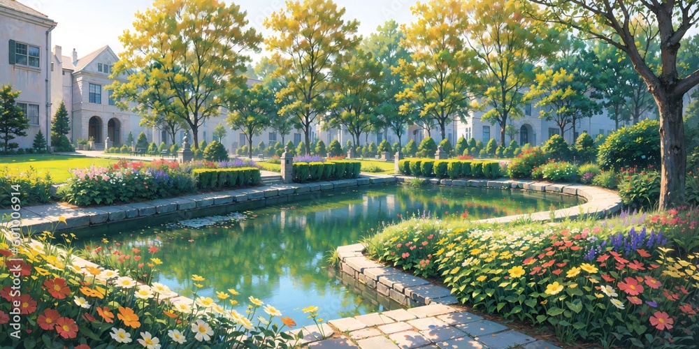 anime style background, landscape, park, lake, river, garden, backyard ...