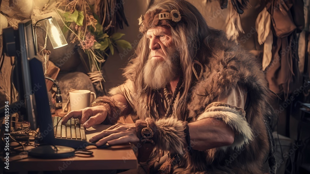 A caveman working at a computer. Generative AI Stock Illustration ...