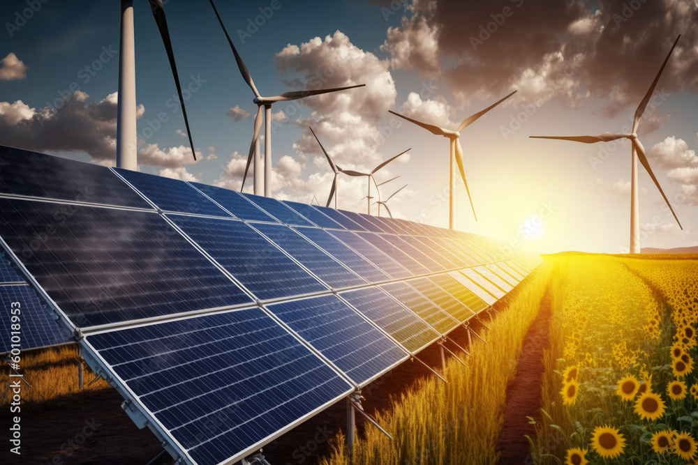 Eco-friendly power generation with wind turbines and solar, generative ...