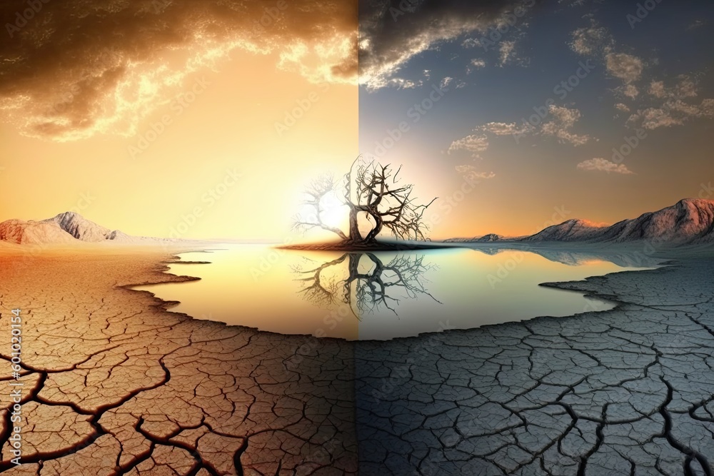 Climate change, Dead tree with air pollution and some water with ...