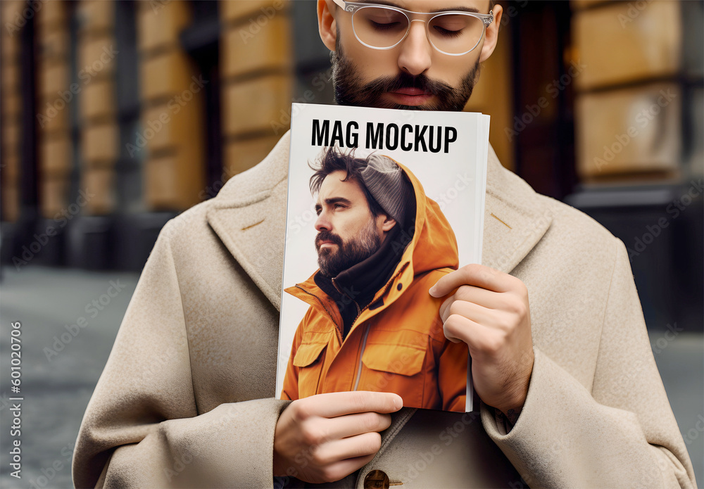 Mockup of Man Holding Magazine. Ai Generative Stock Template | Adobe Stock