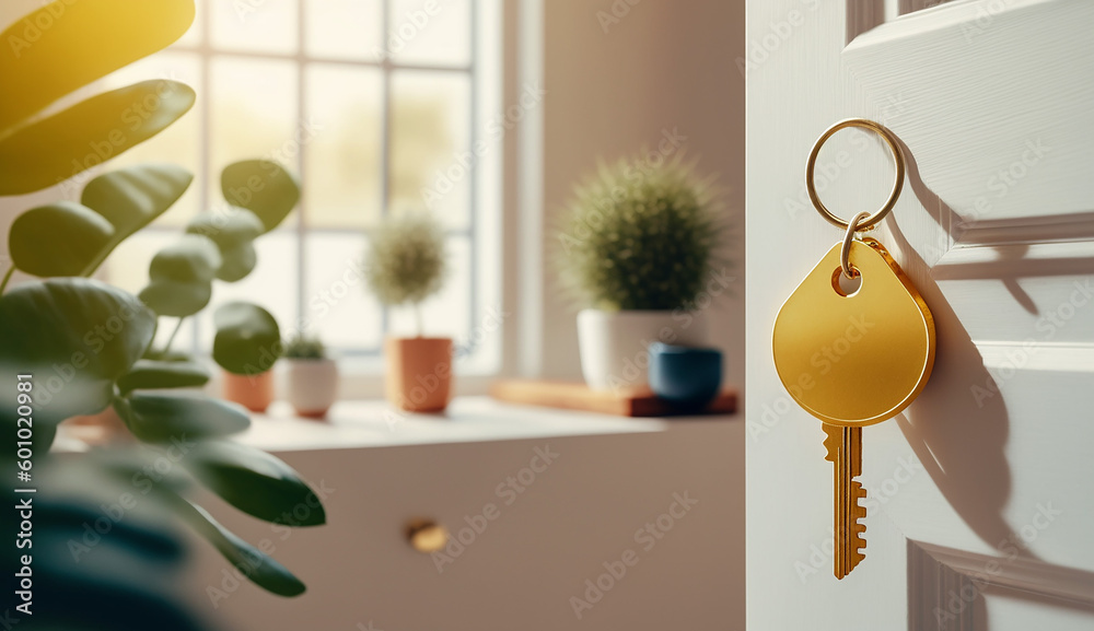 Opening door with golden house key chain on fuzzy interior background ...