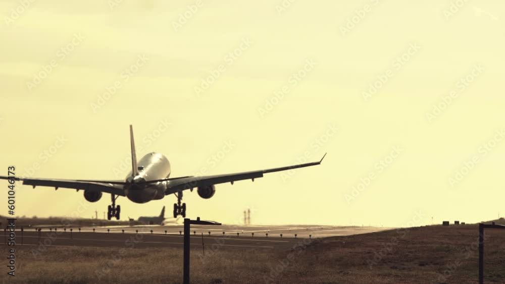 Jet plane landing in silhouette. Tracking shot of airplane landing at ... Jet plane landing in silhouette. Tracking shot of airplane landing at ...