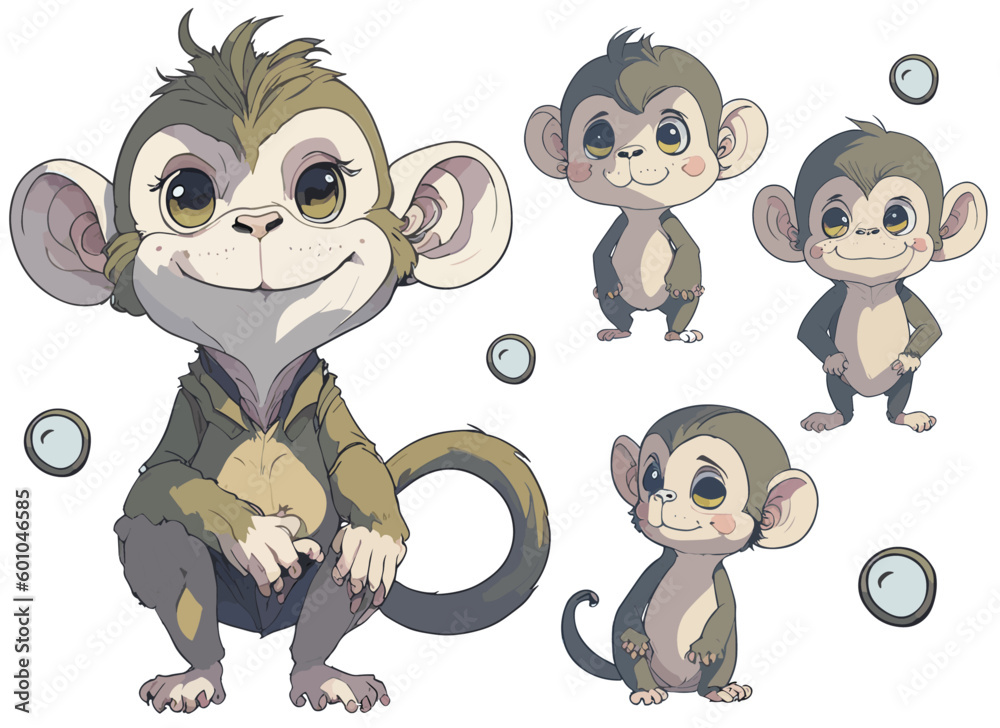 Cartoon monkeys set with different poses and emotions. Monkey behavior ...