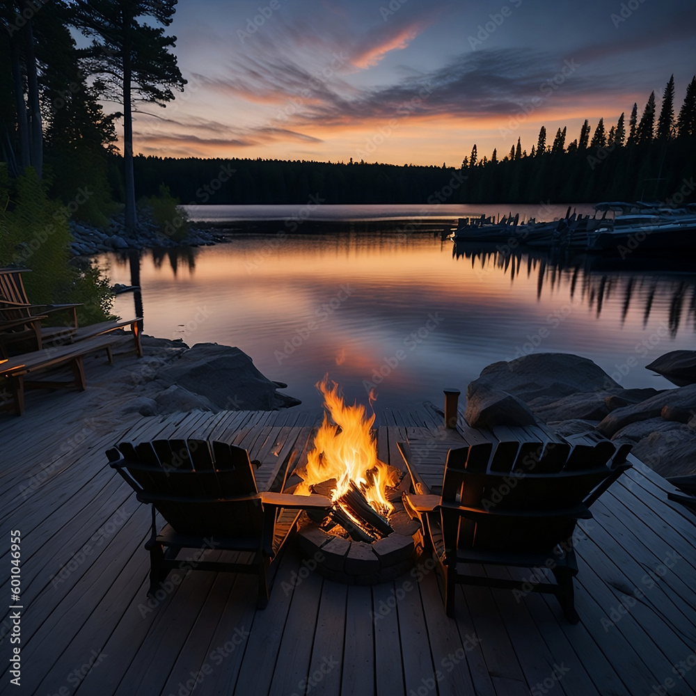 Fire pit with live fire on a cottage dock at almost dusk time with the ...