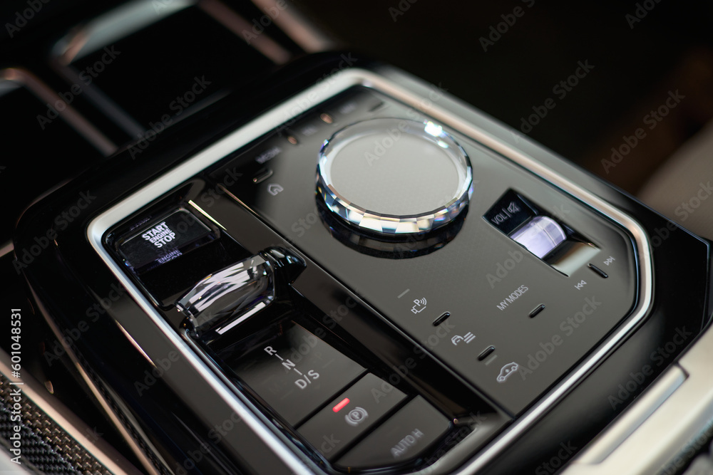 The center console of the new BMW 7 Series. The cockpit is finished in Swarovski crystals.Clouse ...