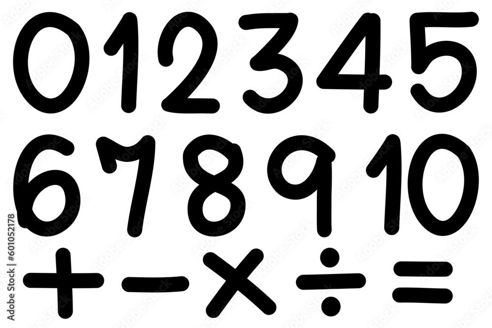 Set of Hand Drawn Numbers Zero to Ten Math Handwriting Mathematics ...