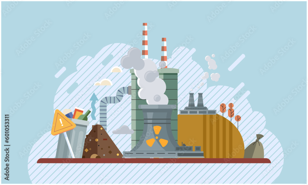 Air, water and soil pollution by industrial production. Working plant ...