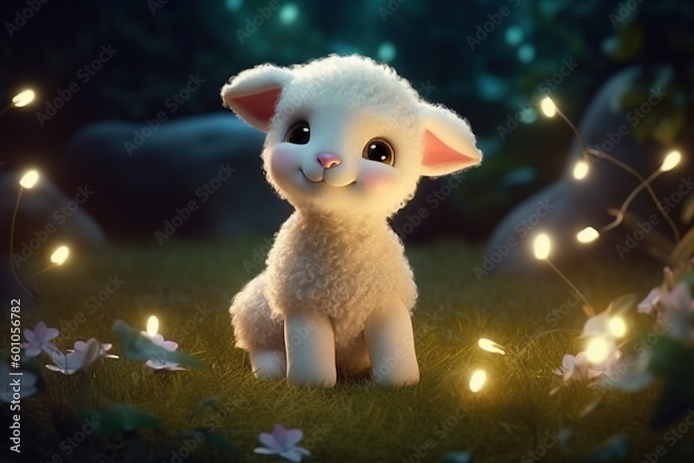a cute adorable baby lamb by night with light in nature rendered in the ...