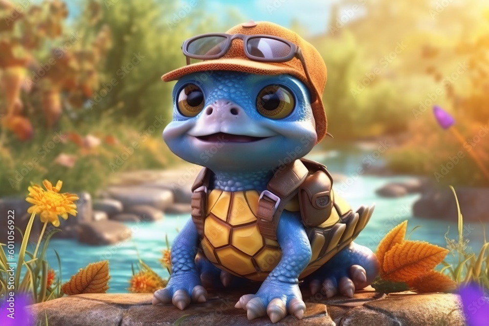 a cute adorable baby turtle with coats, cap and glassess in nature ...