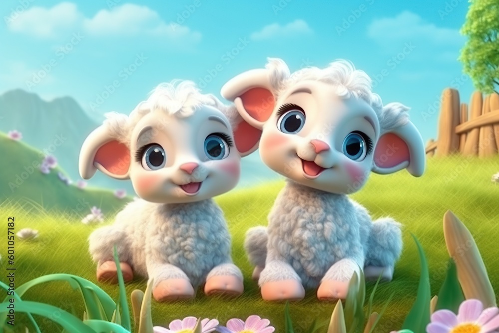a cute adorable two baby lambs in nature rendered in the style of ...
