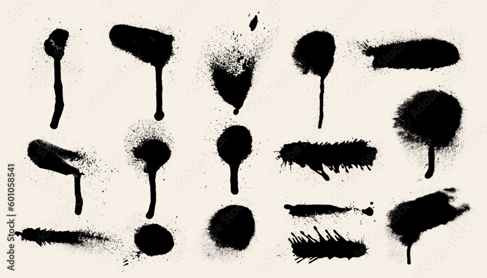 Set of spray paint elements, lines and drips black ink splatters, Ink ...