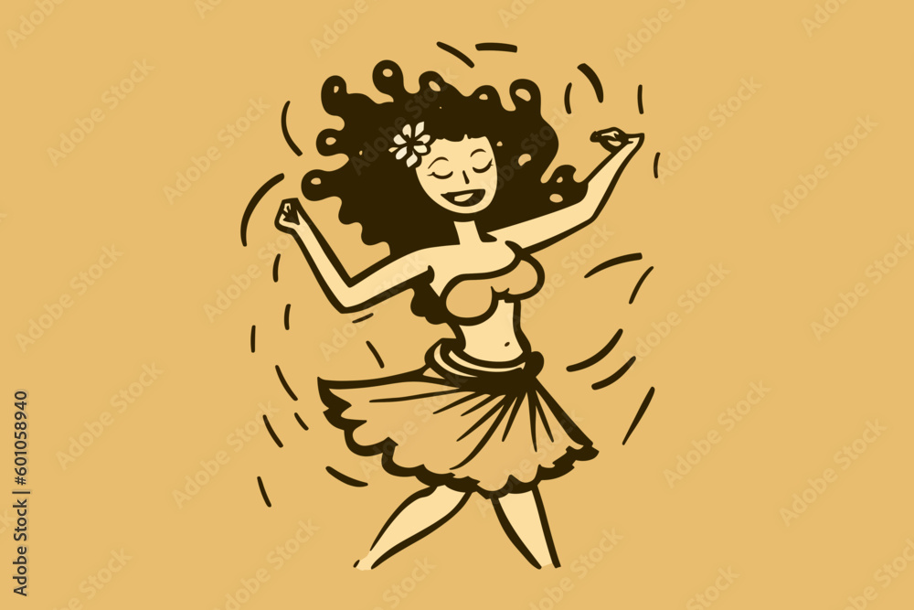 Doodle inspired Hula dancer, cartoon sticker, sketch, vector ...