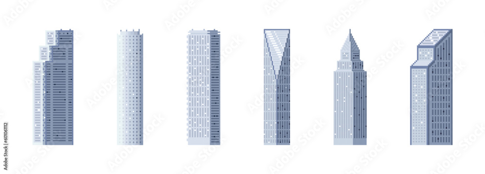 City buildings, pixelated skyscrapers isolated pixel art vector ...