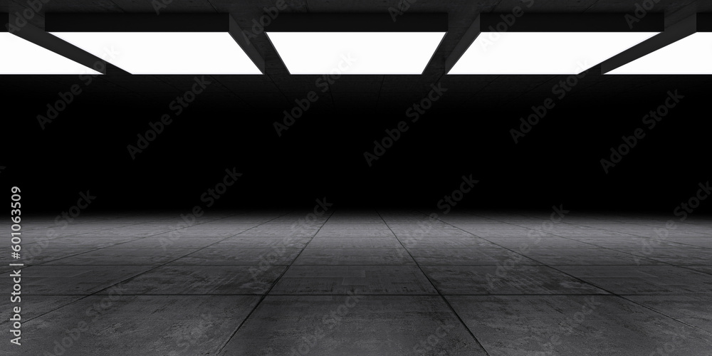 Dark showroom with top light system, concrete reflection floor and ...