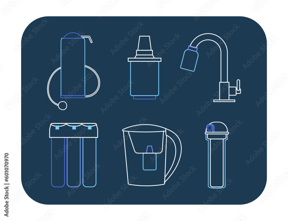 Water filter simple line illustrations set. Outline icon of filter ...