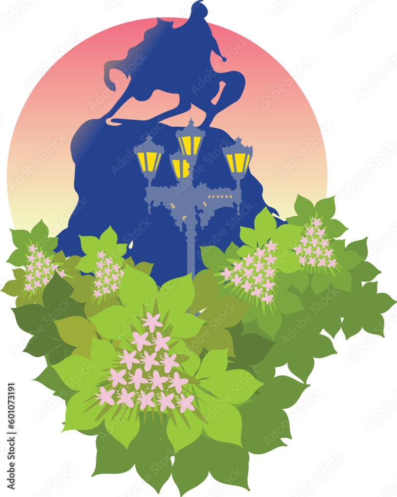 Statue of Bogdan Khmelnytsky in Kyiv and flowering chestnut trees ...