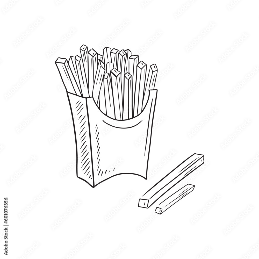Tasty realistic french fries in carton board box drawing isolated on ...