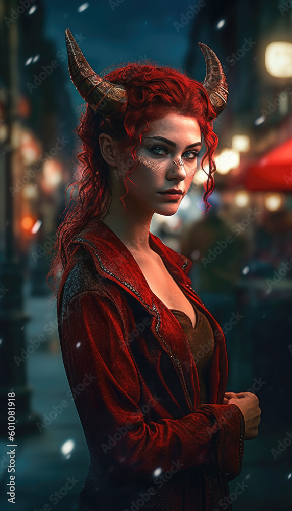 Sexy she devil with horns luring lost souls with her attractive appearance. Generative AI ...