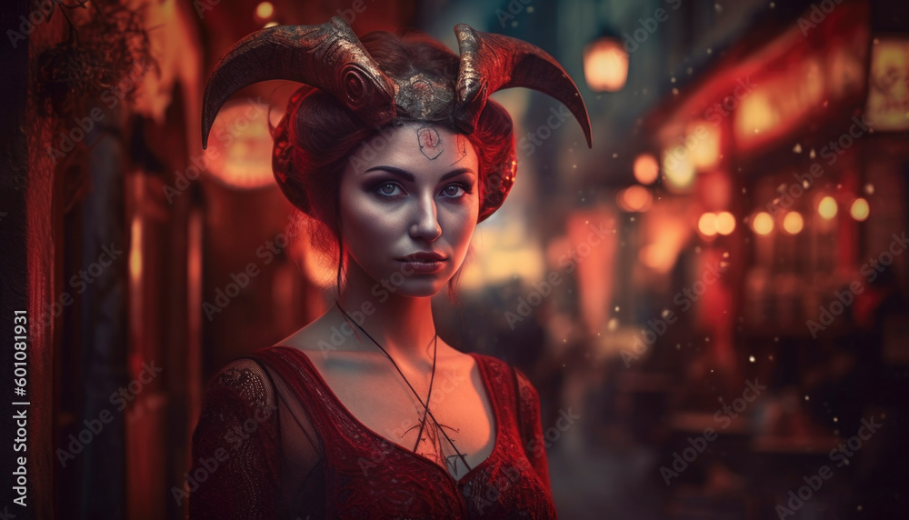 Sexy she devil with horns luring lost souls with her attractive appearance. Generative AI ...