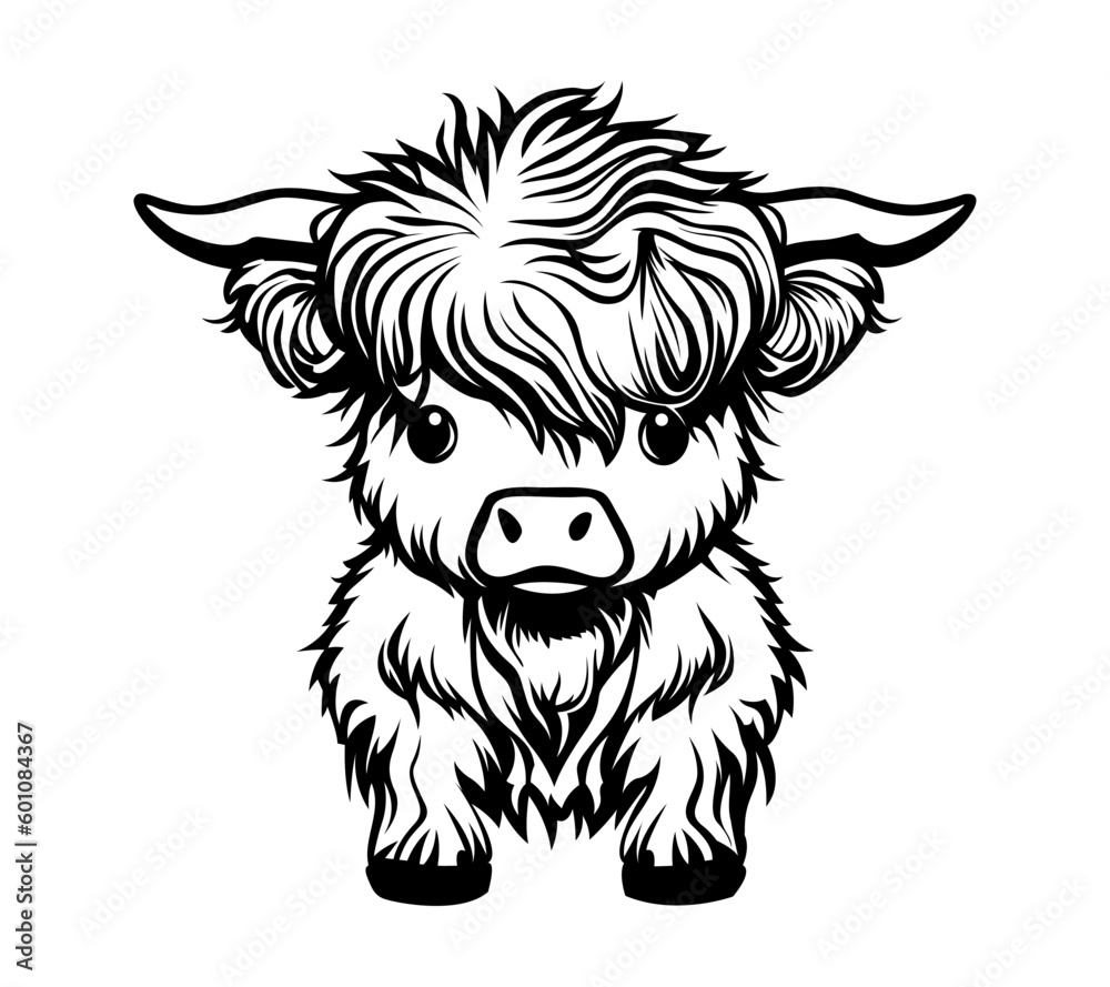 Highland baby cow head. Farm Animal. Vector illustration. Stock Vector ...