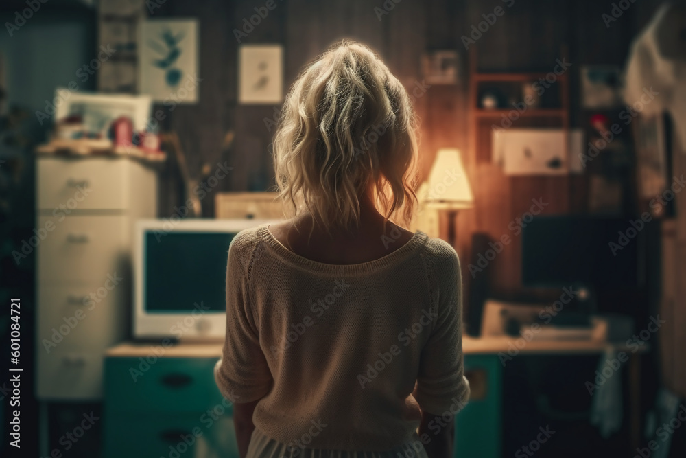 sad blonde woman back view in her room standing and wat. AI generative ...