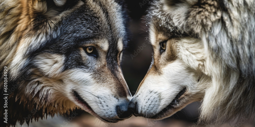 two wolves face each other, aggressive mood of a turf war to make the ...