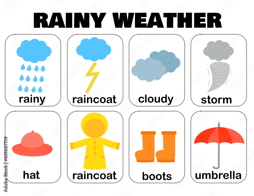 Rainy weather.Children`s word card for learning.English vocabulary ...