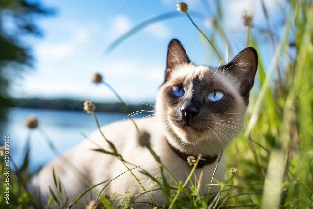 Lifestyle portrait photography of a smiling siamese cat eating against ...