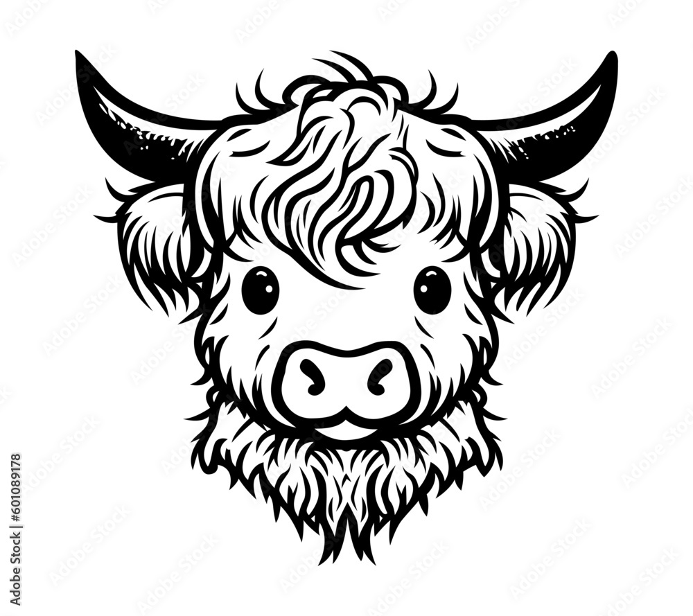 Highland baby cow head. Farm Animal. Vector illustration. Stock Vector ...
