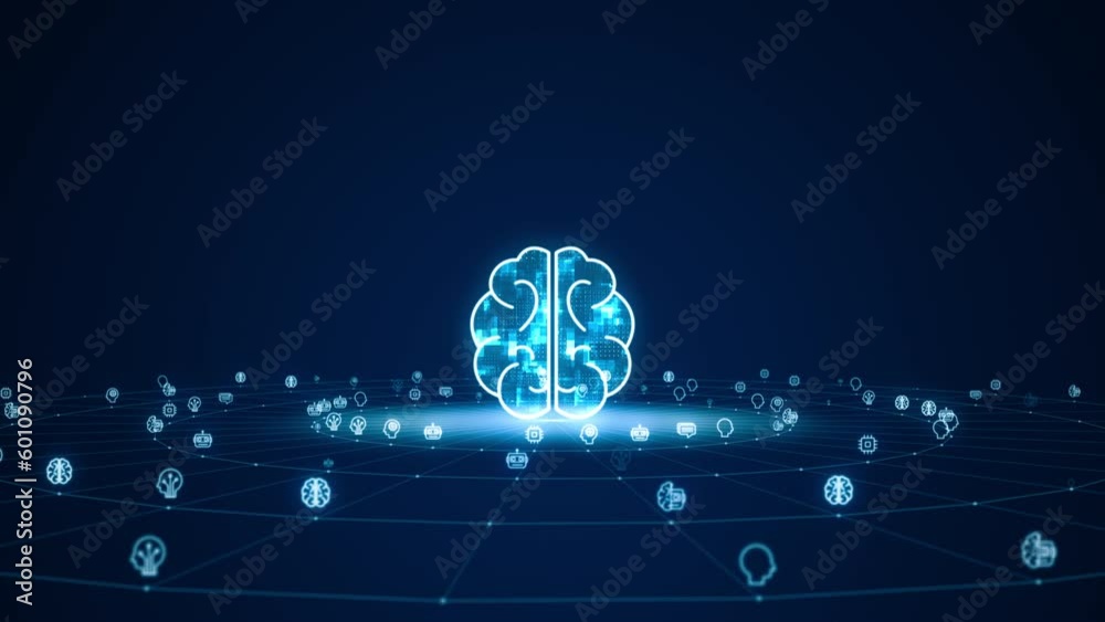 Motion graphic of 3D Blue digital brain logo with grid and rotation ...