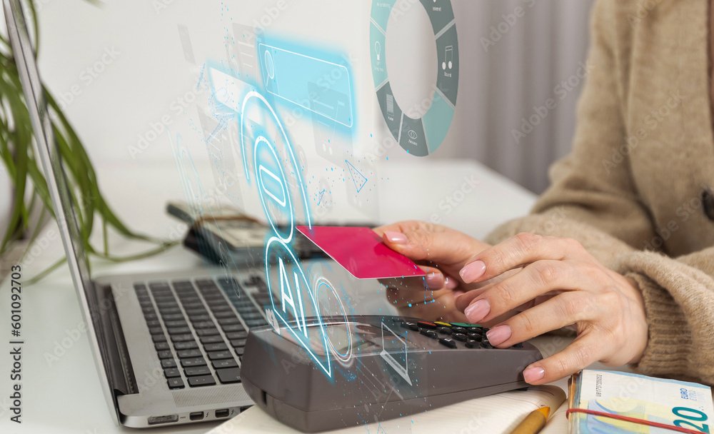 Woman using chatbot in computer and tablet smart intelligence Ai. Chat ...