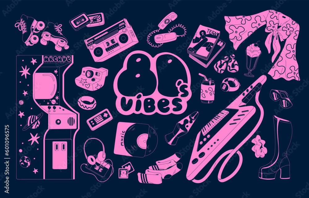 Retro elements set, 80s vibe. Fashion pop 1980s items, funky stuff ...