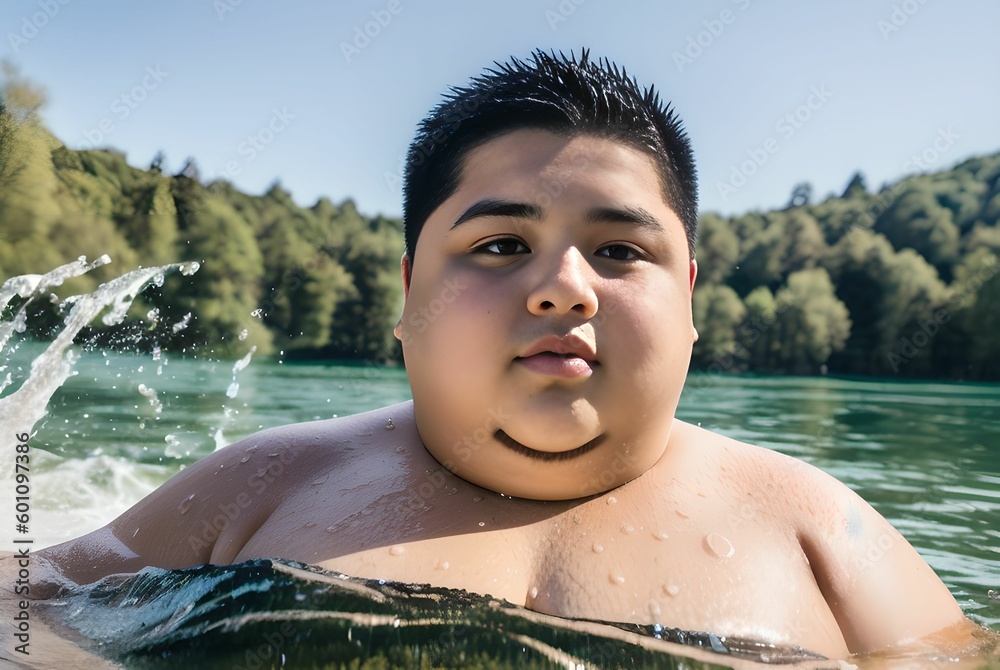 An overweight teenage boy swimming in a lake on a sunny summer day ...