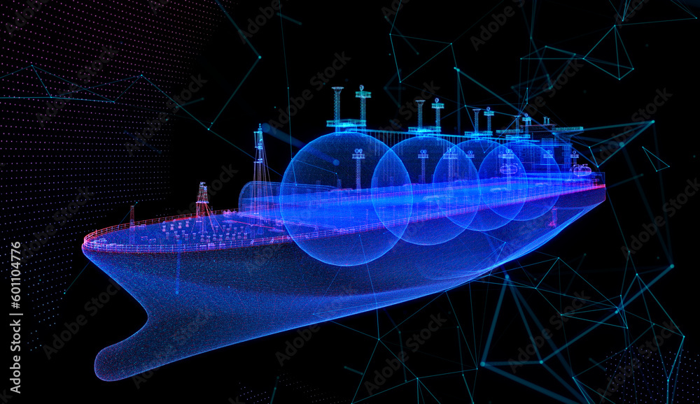 Poster Gas carrier LNG. Blue particle and lines form 3d model Gas ...