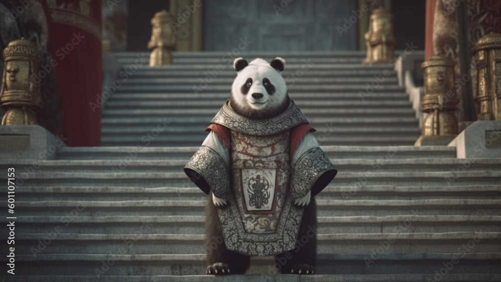 Chinese panda warrior Emporer walking down the stairs of the palace ...