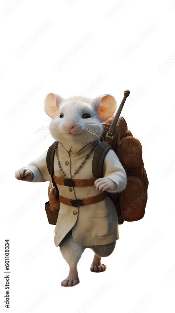 A mouse carrying backpack with his back on a transparent background ...