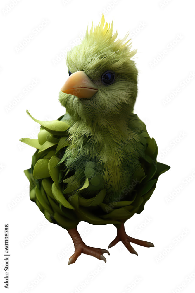 Cute real chick, in olive green vegetable feather on transparent ...