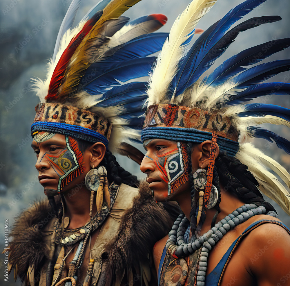 Indigenous Aztec warriors standing on a mountain side, Generative AI ...