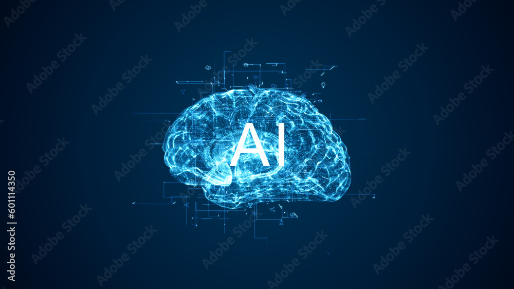 3D blue particle brain logo with artificial intelligence (AI) and grid ...