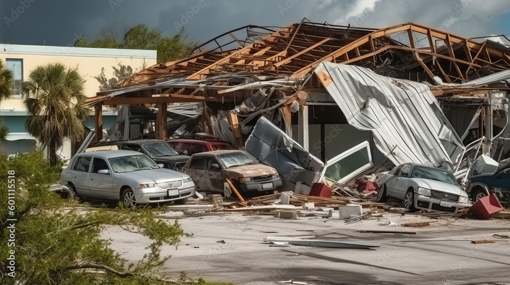 Hurricane destroyed industrial building with damaged cars under ruins ...
