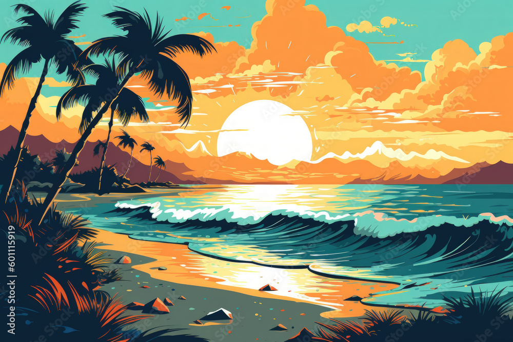 Drawing tropical beach summer background. Graphic illustration design ...