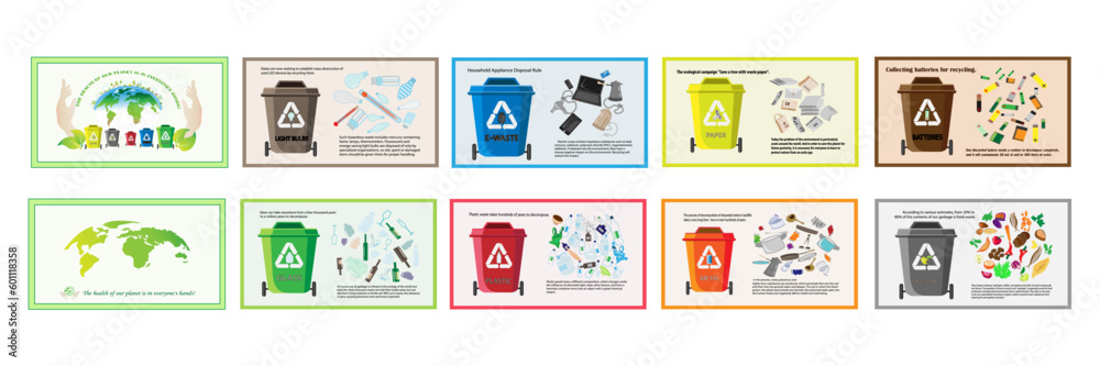 Waste segregation. Sorting garbage by material and type in colored ...